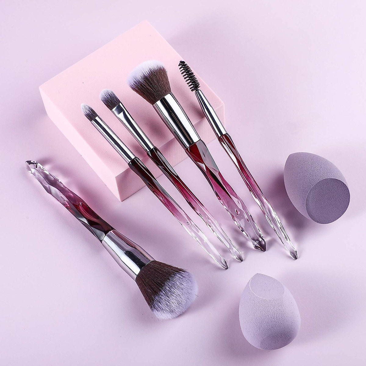 XMOSNZ Makeup Brushes 15pcs Make up Brushes Crystal Handle Highlighter Makeup Foundation Makeup Make Up Brush Sets Eyebrow Brush Professional with 4 Makeup Sponge