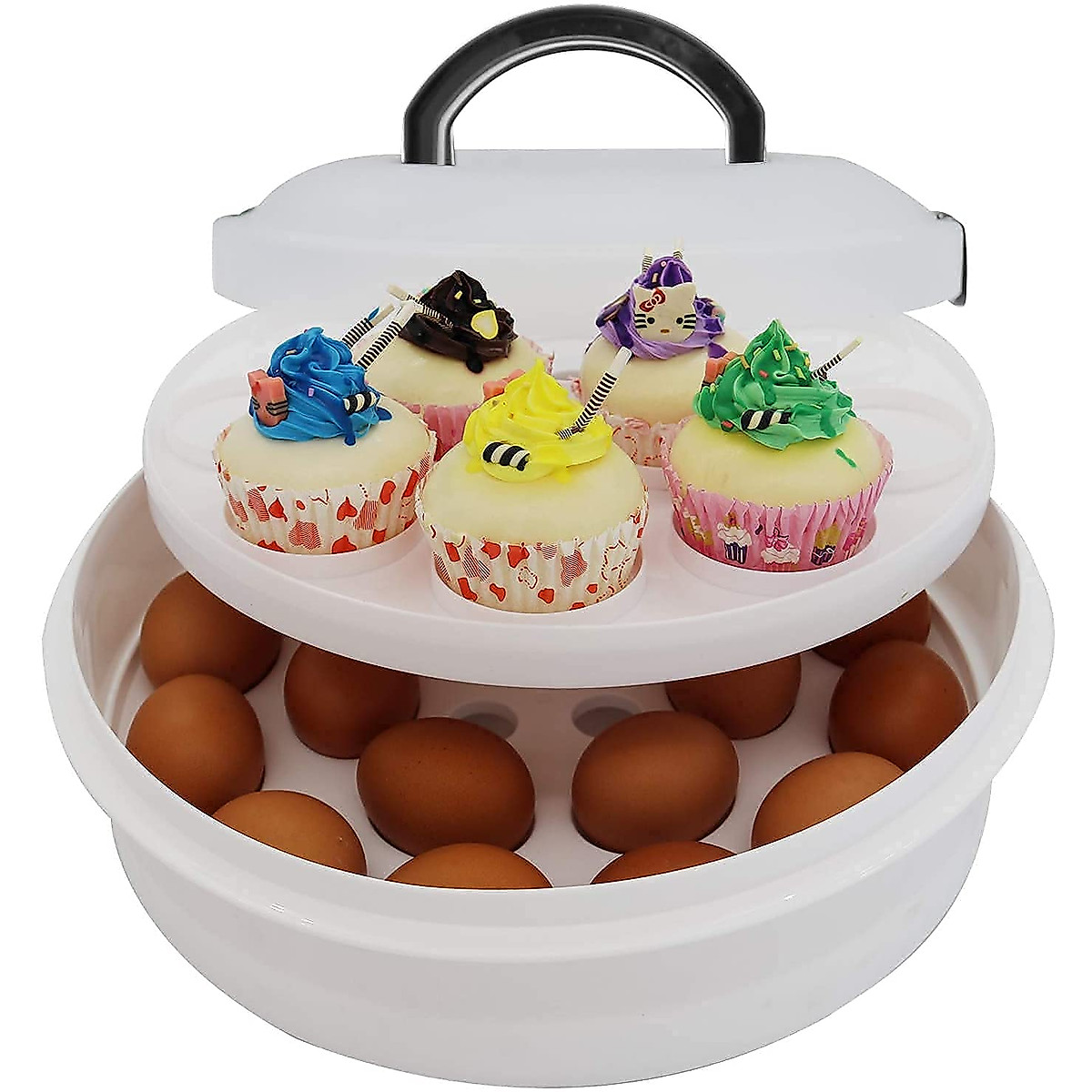 FEOOWV 10 Inch Portable Pie Carrier with Lid and Tray 3-In-1 Round Cupcake Container Egg Holder Muffin Tart Cookie Keeper Food (Grey)
