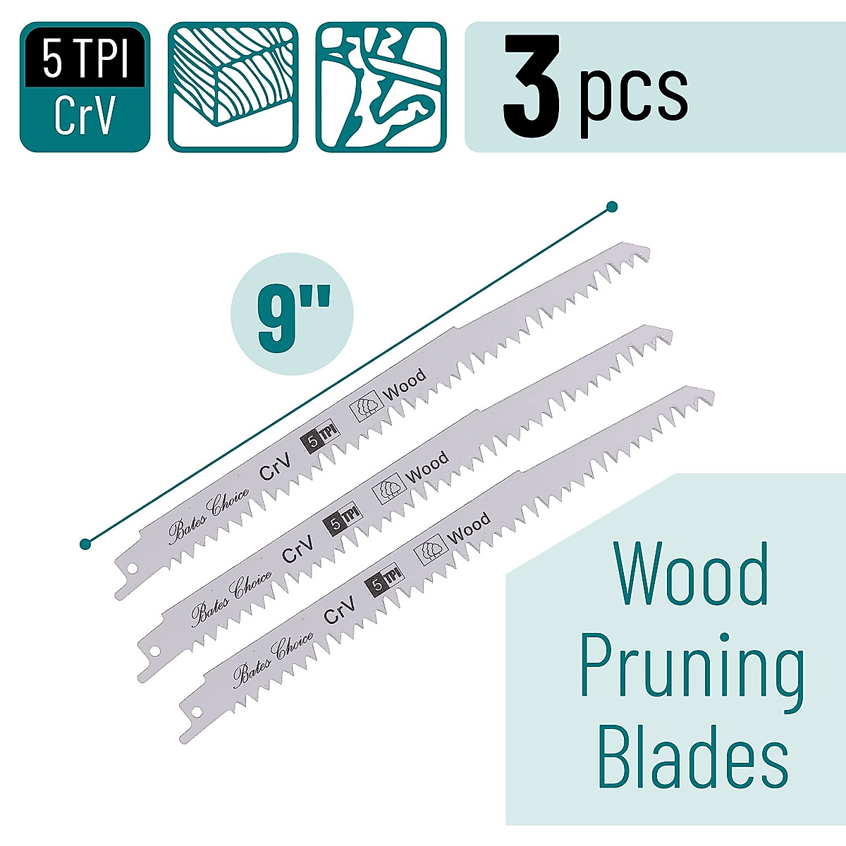 Bates- Wood Pruning Reciprocating Saw Blades, 9 Inch, 3 Pack, Sawzall Blades, Reciprocating Saw Blades, Sawzall Pruning Blades, Pruning Blade for Reciprocating Saw, Wood Saw Blades