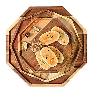 Set of 3 Acacia Wood Serving Trays (8'' 10'' 12'') Octagon Wooden Home Decor Platters for Fruit, Vegetables, Dessert, Charcuterie, Appetizer Serving Tray, Party Entertaining, Cheese Board