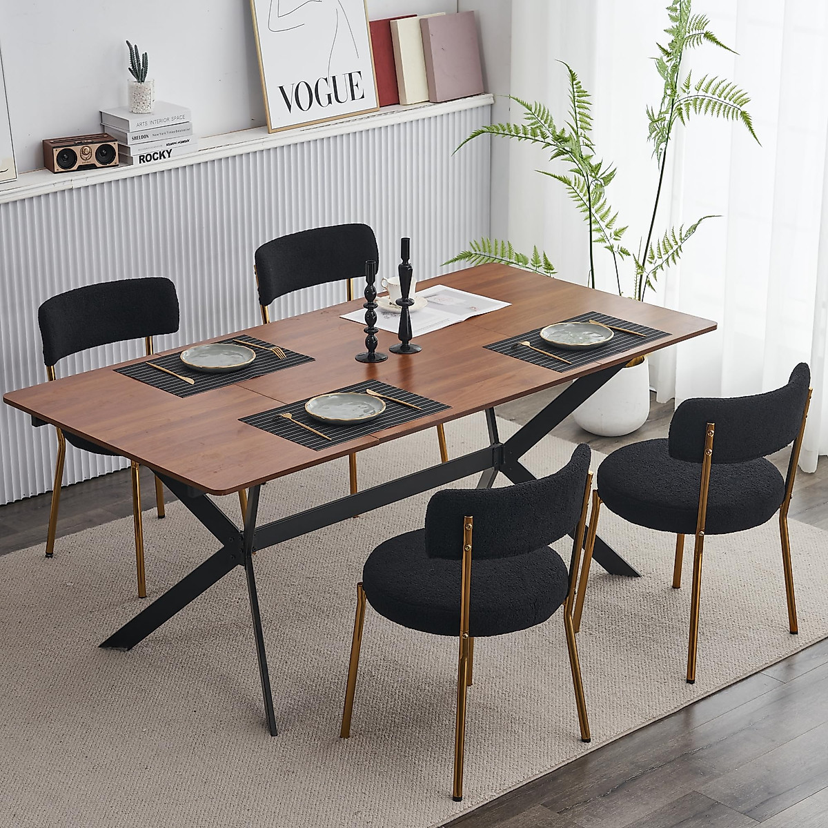 RIGHTPARTS Boucle Dining Chairs Set of 4, Modern Upholstered Fleece Fabric Kitchen Chairs, Mid-Century Round Dining Chairs Curved Backrest Metal Legs for Dining Room/Living Room (Black 1, 4)