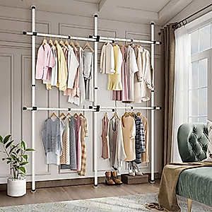 tonchean Floor to Ceiling Clothing Rack Tension Rod Clothes Rack Double 2-Tier Adjustable Clothes Garment Rack Heavy Duty Closet Organizer System