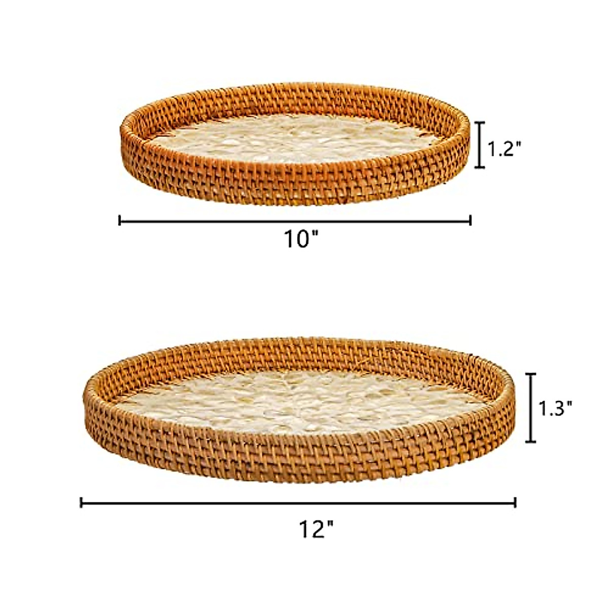 Frcctre 2 Pack Round Rattan Serving Tray with Mother of Pearl Inlay Wooden Base, Decorative Wicker Baskets Woven Serving Tray for Bread Fruit Food Coffee Breakfast, Storage and Display, 2 Sizes