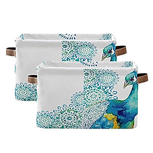 Blue Peacock Flower Square Storage Basket Storage Bins Canvas Storage Organizer Closet Shelf Organizer for Home Office, 1 Pc