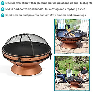 Sunnydaze 30-Inch Raised Outdoor Fire Pit Bowl - with Handles, Log Poker, and Spark Screen - Copper Finish