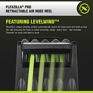 Flexzilla Pro Levelwind Retractable Air Hose Reel, 1/2 in. x 50 ft., Heavy Duty, Lightweight, Hybrid, ZillaGreen - L8335FZ