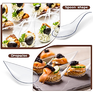 Tessco 400 Pcs 4'' Mini Plastic Appetizer Spoons Plates Disposable Dessert Spoons Tear Drop Tasting Spoons Plastic Asian Soup Spoons for Dessert Sauces Sushi Ice Cream Food Parties, 2 Styles(Clear)