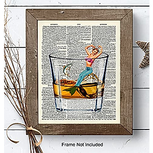 Bar Man Cave Mermaid Decor - Scotch Whiskey Wall Art - Fish Wall Decor for Men, Guys - Funny Alcohol Drinking Decor - 8x10 Dictionary Art Picture Poster - Home Office Decor