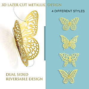 3D Gold Butterfly Wall Decor 3 Sizes 4 Styles Butterfly Party Decorations Cake Decorations Removable Stickers Wall Decor Room Mural Metallic Kids (Gold, 96Pcs)