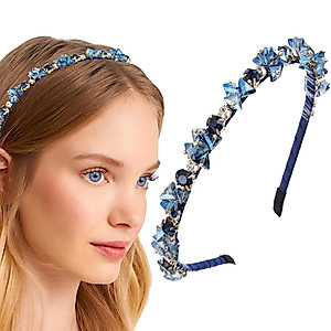 Urieo Thin Rhinestone Headband Bling Crystal Head Bands Diamond Hairband Vintage Parties Hair Accessory for Women (Blue)