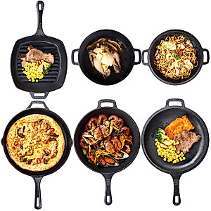 Bruntmor Pre Seasoned 6 pcs Pots And Pans Set - Double Dutch Oven Crockpot - Cooking Set - Cast Iron Skillets and Square Grill Pan with Lid - Outdoor Camping Cookware - Kitchen Accessories