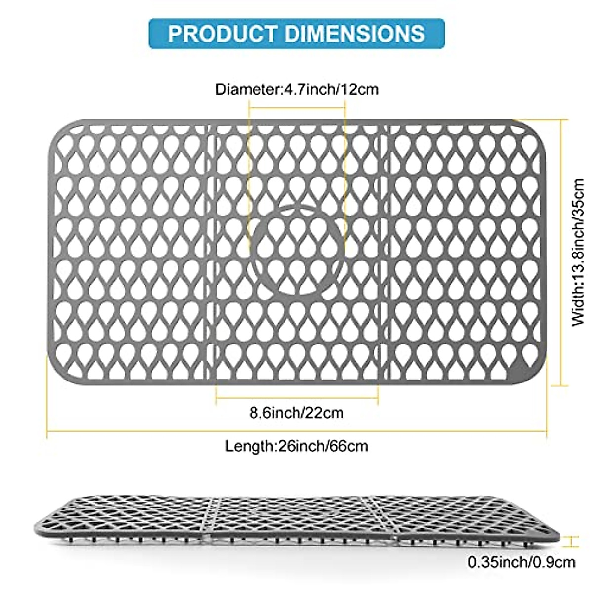 Sink Protectors for Kitchen Sink, Kitchen Sink Mats Grid Accessory 26''×13.7'', Non-slip Silicone Sink Mats,Grey Kitchen Sink Mat with Center Drain for Farmhouse Stainless Steel Ceramic Sink