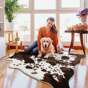 Kimicole Cute Cow Print Rug Faux Cowhide Rug, Upgraded Fluffy Animal Printed Area Rug for Living Room Bedroom Office Western Decor, Luxury Animal Print Carpet Non-Slip, Brown and White, 4.6ft x 5.2ft
