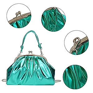 Oichy Leather Evening Bag Pleated Clutch Purses Top Handle Shoulder Bags Kiss Lock Handbags (Silver)