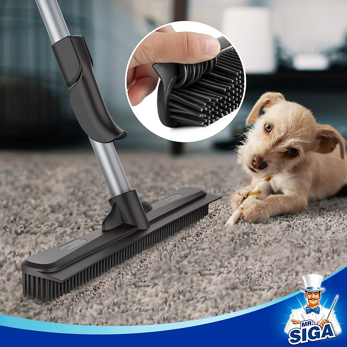 MR.SIGA Pet Hair Removal Rubber Broom with Built in Squeegee, 2 in 1 Floor Brush for Carpet, 62 inch Adjustable Handle, Includes One Microfiber Cloth for Floor Dusting