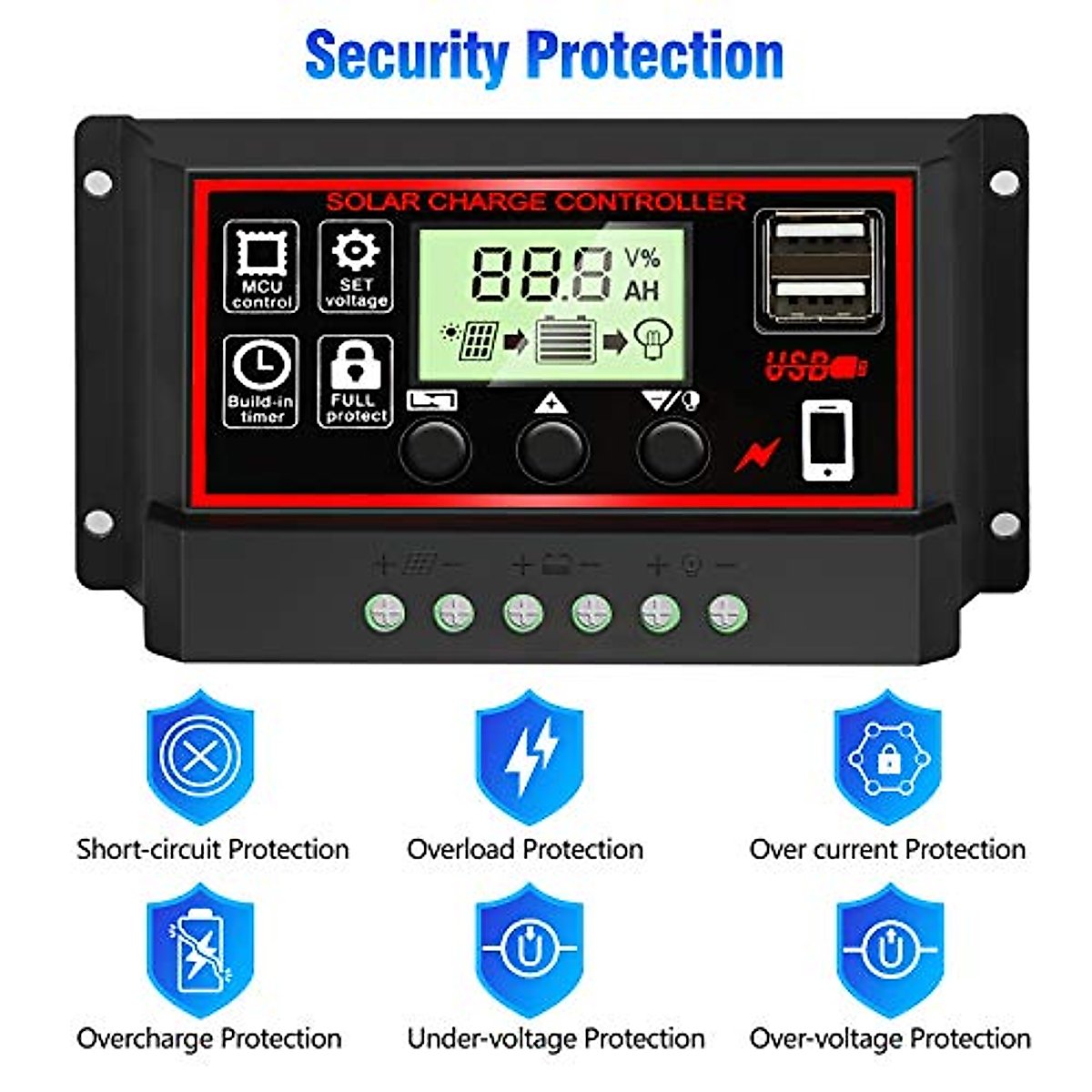 2Pcs 30A Solar Charge Controller, Black Solar Panel Battery Intelligent Regulator with Dual USB Port 12V/24V PWM Auto Paremeter Adjustable LCD Display
