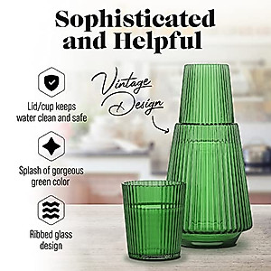 American Atelier Vintage Bedside Water Carafe with Tumbler – 37 Oz Ribbed Pitcher and Matching Drinking Glass Doubles as Lid for Guest Room, Office, or Gift, 4.5”x 9.25" (Green)