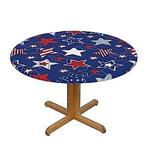 Round Tablecloth Patriotic American Stars Fitted Elastic Waterproof Wipeable Table Cloth Cover Decorations Table Pad Cover for lndoor Outdoor-Small