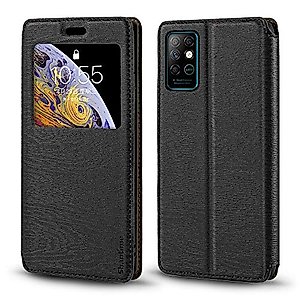 Shantime Infinix Note 10 Pro Case, Wood Grain Leather Case with Card Holder and Window, Magnetic Flip Cover for Infinix Note 10 Plus Black