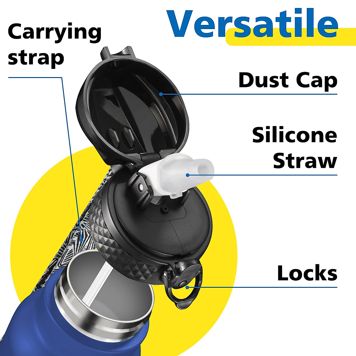 Han's Bottle Sports Water Bottle - 24 Oz, Straw Lid, Leak Proof, Vacuum Insulated Stainless Steel, Double Walled, Thermo Mug,Navy Blue