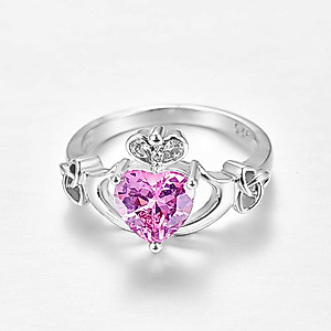 Emsione 925 Sterling Silver Plated Created Pink Topaz Heart Cut CZ Claddagh Celtic Ring Eternity Anniversary Wedding Engagement Band Ring Size 8