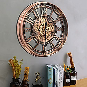 CLXEAST Moving Gear Wall Clock for Modern Living Room Decor, Large Industrial Clock with Steampunk Gears, Big Arabic Numerals, Rose Gold Metal for Office, Bronze Copper (21 Inch)