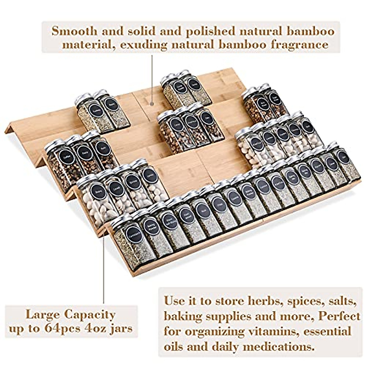 Mulush Bamboo Spice Rack Tray - 64 Jars Spice Drawer Organizer for Kitchen Cabinets Storage and Organization