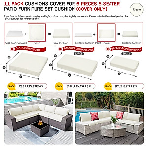 ClawsCover 11Pack Outdoor Seat Cushions Back Pillows Replacement Covers Fit for 5-Seater 6 Pieces Wicker Rattan Patio Furniture Set Sectional Couch Chairs,Cream-Included Cover Only