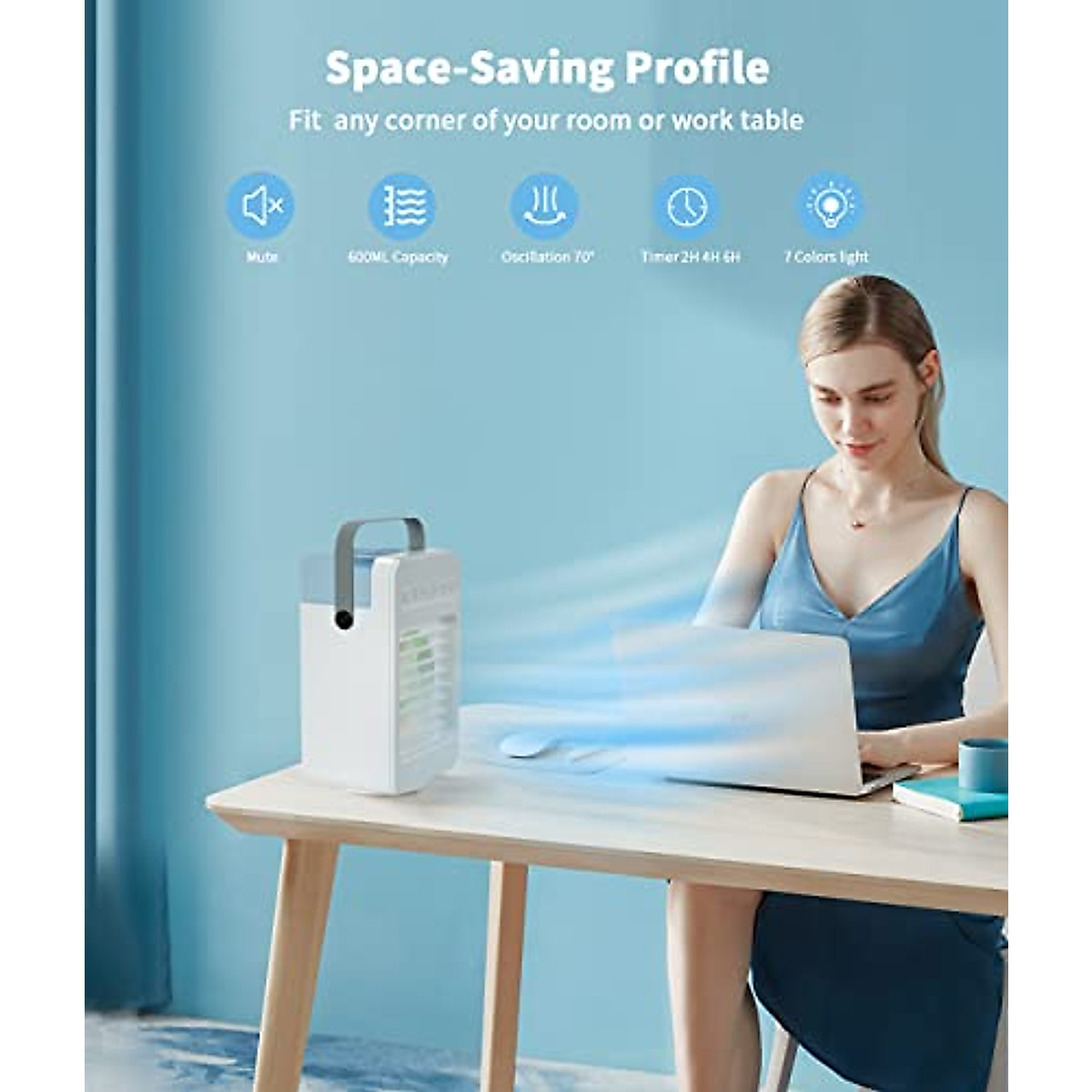 Personal Air Cooler, 70°Oscillating Evaporative Ultra Portable Personal Air Cooler with 7 Colors LED Light, 4 Wind Speeds, 2 Refrigeration, 2/4/6Timer, 2 Spray Modes and 450ml large tank for Office