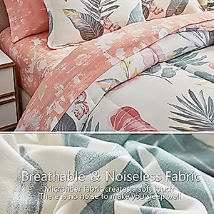 AIKASY Pink Queen Comforter Set with Sheets,Bed in a Bag 7-Pieces,Palm Tree Totem Printing Design,Ultra Soft Down Alternative All Season Bedding Set(Queen, Pink)