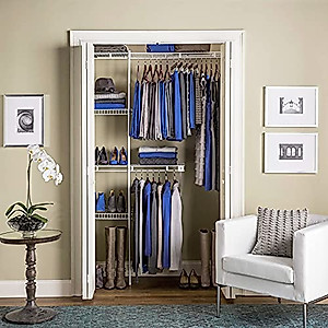 Rubbermaid Full Closet Organization Shelf System, Direct Wall Mount, Adjustable from 3-5 Ft., Mounting Hardware Kit Included, White, Wire Shelving Organizer System for Home/Laundry/Mudroom/Pantry