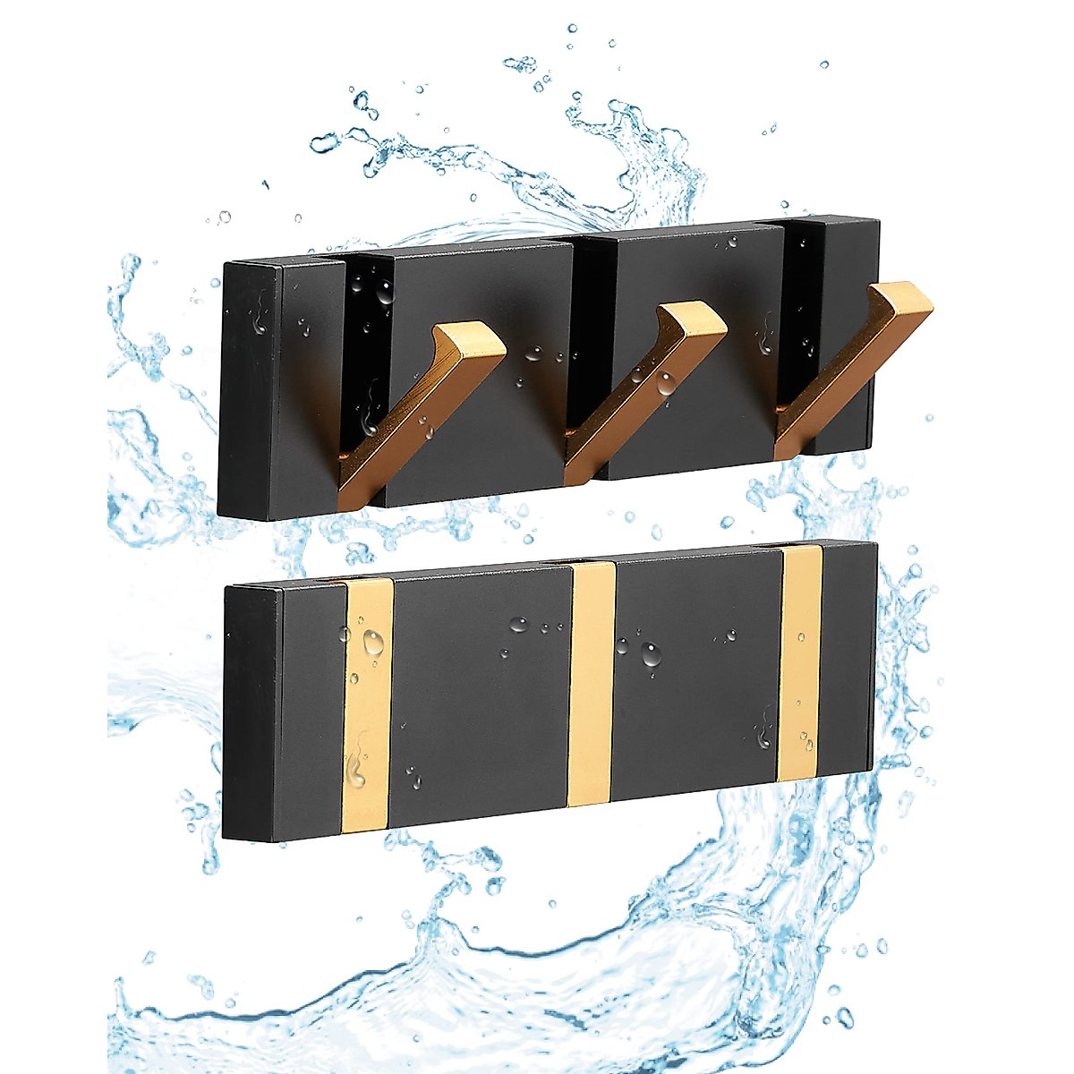 2 Pack，Watertight Black Gold Towel Hooks，Folded Invisible Coat Wall Hooks，Bathroom Towel Hook for Wall，Black Matte Minimalist Towel Hooks，Key Hooks for Wall，Door Robe Hooks，Also for Kitchen，Balcony.