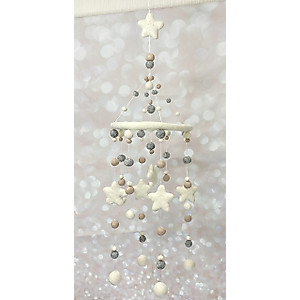 Wool Stars Nursery Mobile for Baby's Room Decoration, Unisex Boy Girl White Grey Taupe