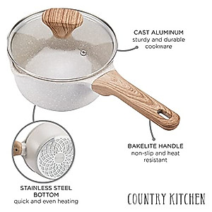 Country Kitchen Nonstick Cookware Sets - 6 Piece Nonstick Cast Aluminum Pots and Pans with BAKELITE Handles - Non-Toxic Pots with Glass Lids - Speckled Cream with Light Wood Handles