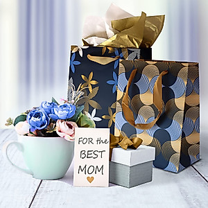 Homeadow Bags - 4 Pcs Assorted Gift Bags, Medium Size (9"x7") - Assorted with 4 Different Designs, Laminated Cardboard, includes 8 tissue papers - Festive Gold Blue Shapes