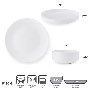 Mikasa Macie Bone China Lightweight Chip Resistant 12 Piece Dinnerware Set, Service for 4, White