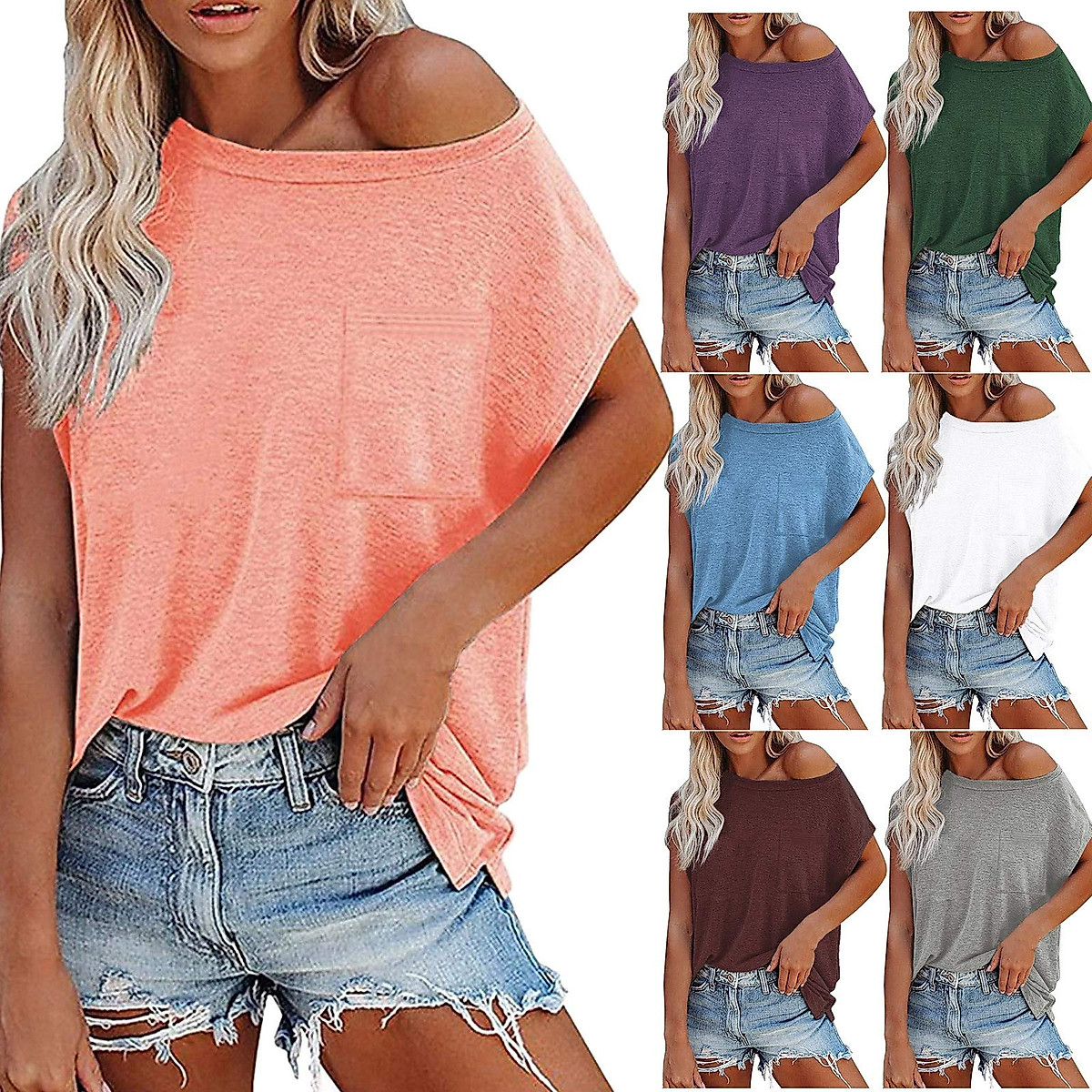 Padaleks Womens Casual Solid Color Short Sleeve Round Neck T Shirts Summer Loose Fit Blouses Tops with Pocket