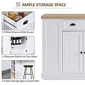 HOMCOM Fluted-Style Wooden Kitchen Island, Storage Cabinet w/Drawer, Open Shelving, and Interior Shelving for Dining Room, White