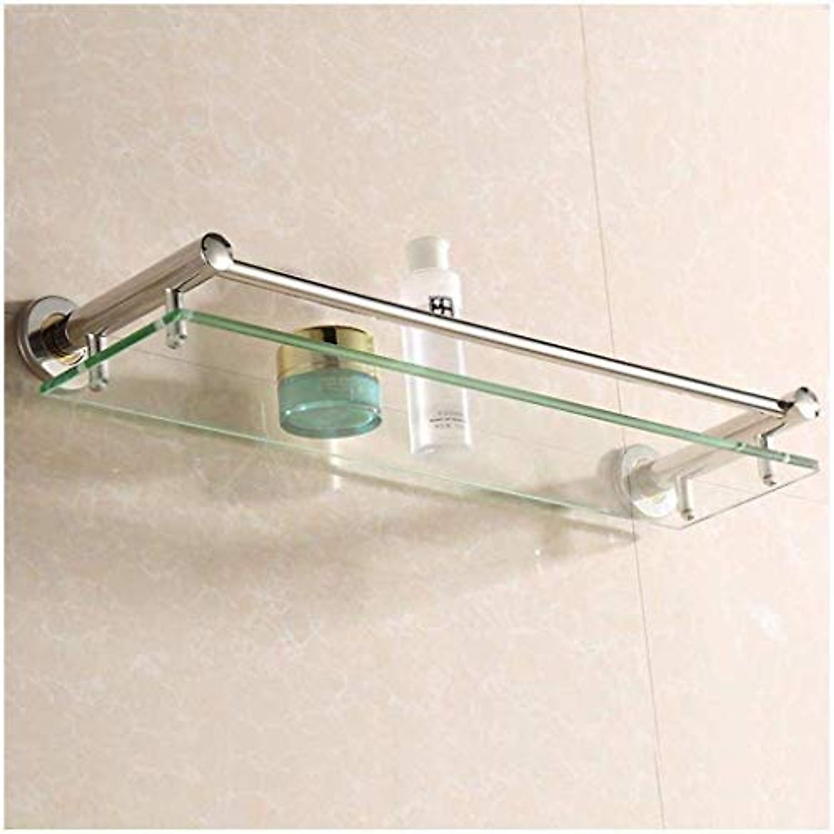 Bathroomsjoy Bathroom Glass Shelf Tempered Glass Shelf with Rail Wall Mounted, Stainless Steel Chrome Finished