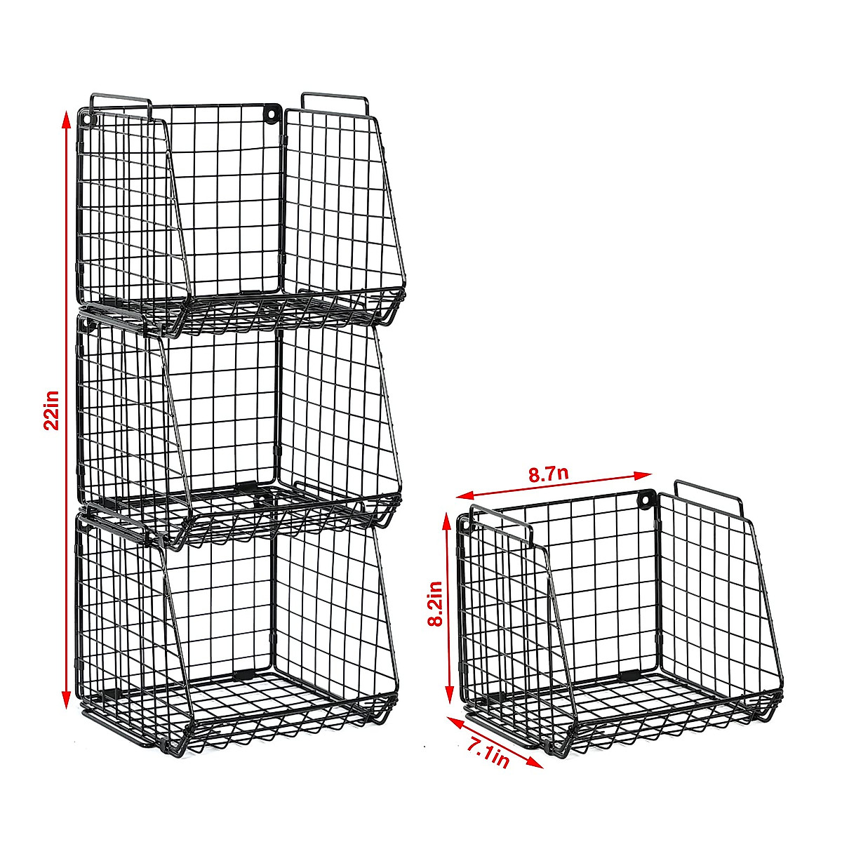 X-cosrack Stackable Pantry Baskets Household Food Storage Organizer with Handles 3 Pack, Foldable Snack Rack Stand with Open Front Stacking Farmhouse Bins for Countertop Cabinets Kitchen