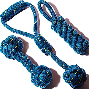 Dog Rope Chew Toy, 3 Pack, Contains 3.5 Knot Rope With Pulling Handle, Ball & Dumbbell Rope, Cotton Poly Mix Puppy Teething Chew Tug Toy for Small Medium Large Dogs, Tug of War Dog Toy, Dog Pull Toy