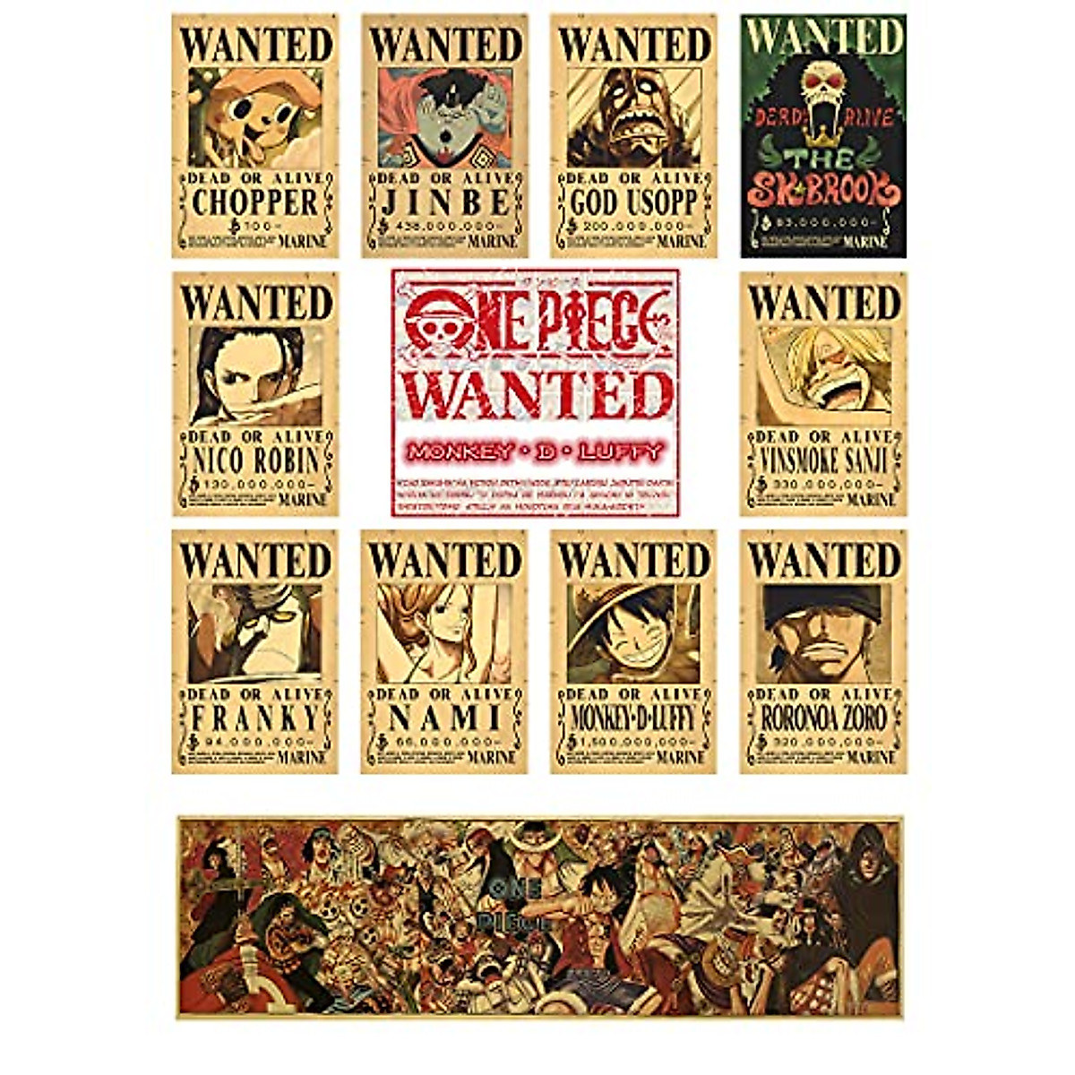 One Piece Wanted Posters Set of 10 Pieces(40cm x 28.5cm) +1 Piece Family Portraits(101cm x 27cm) for Bedroom