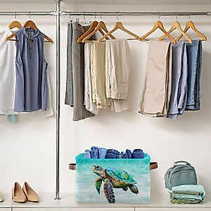 Sea Turtle Teal Large Storage Basket Cube Storage Bin Canvas Fabric Organizer Handles Collapsible Decorative for Clothes Toys Bedroom