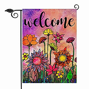 Hzppyz Welcome Spring Sunflower Watercolor Abstract Flower Garden Flag Double Sided, Floral Decorative House Yard Outdoor Summer Small Flag Vintage Decor Farmhouse Seasonal Outside Decorations 12 x 18