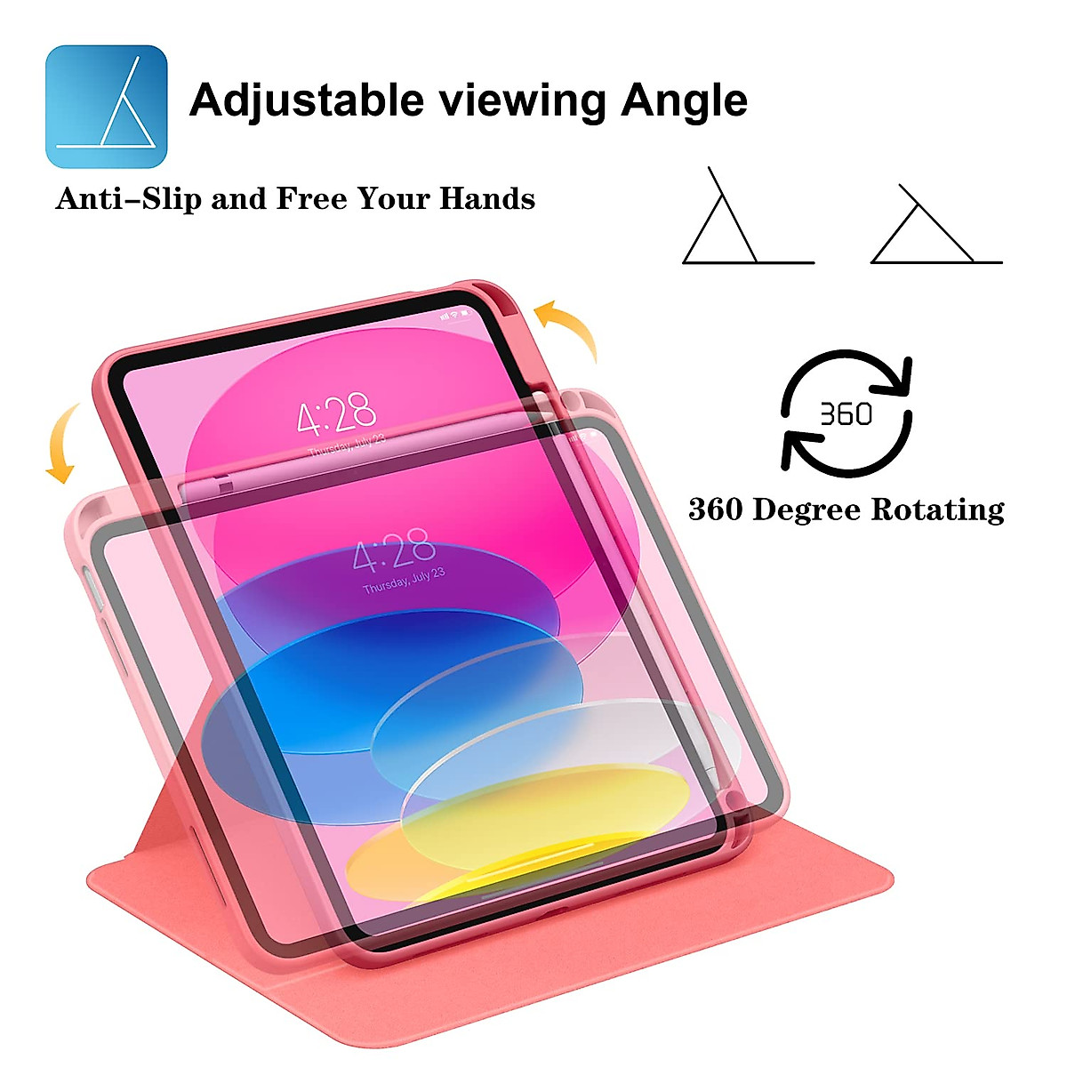 Supveco Case for iPad 10th Generation 2022 with Pencil Holder-(360 Degree Rotation & Auto Wake/Sleep), Premium Folio Stand Case with Flexible Viewing Angles for Apple iPad 10.9 Inch 2022-Watermelon