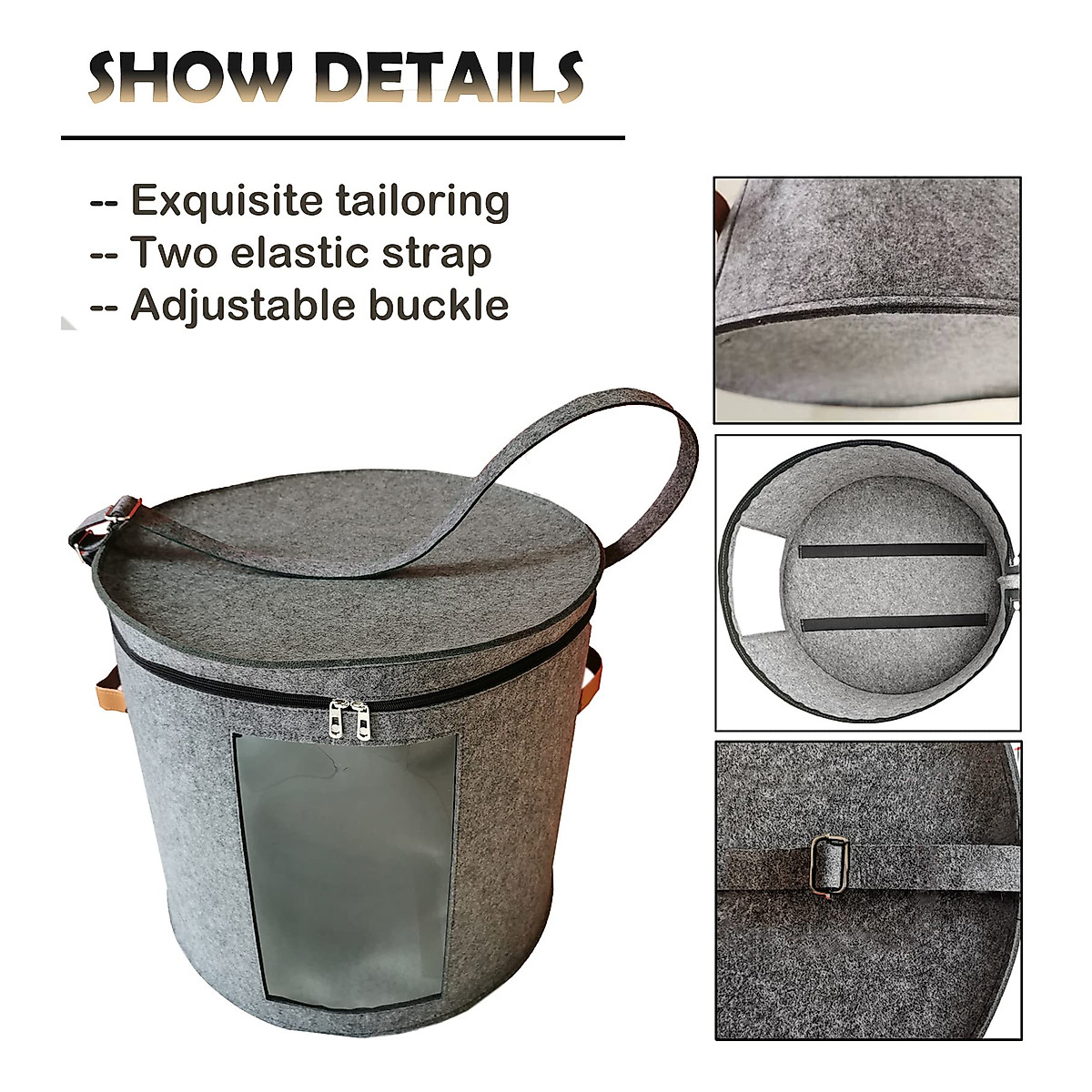 Aeeteek Hat Storage Box 19" D x 17" H Portable Felt Organizer Bucket Foldable Large Capacity Bag Round Travel Hat Container with Dust Proof Lid, Stuffed Animal Toys and Clothes Storage Bin (Grey)