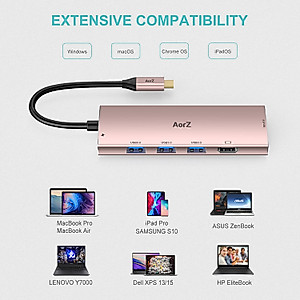 USB C Hub, USB Hub to HDMI Multiport AorZ USB C Dongle Adapter 7 in 1 with HDMI Output,3 USB 3.0 Ports,SD/Micro SD Port,PD Charging Port USB C HUB (Pink)