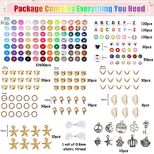 QUEFE 12600pcs, 84 Colors Clay Beads Kit for Bracelet Making, Heishi Beads Flat Round Polymer Clay Spacer Beads with Pendant Charms Kit and Letter Beads, Crafts for Earrings Bracelets Necklace
