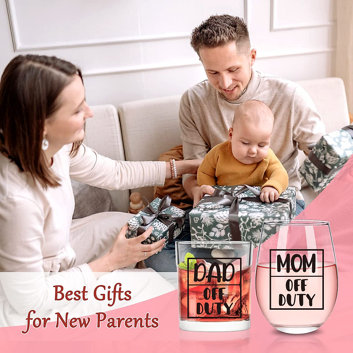 Modwnfy New Parents Gifts for Couples, Mom & Dad Off Duty Stemless Wine Glass & Whiskey Glass, New Parents Gifts First Time Parents Gifts New Mom and Dad Gifts for Mother Day Father Day Christmas