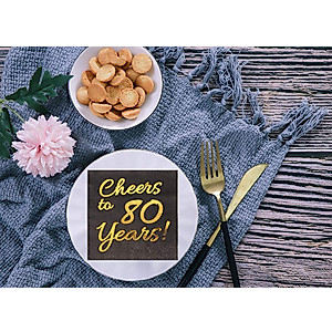 80th Birthday Decorations for Men Women Party Supplies Cocktail Napkins Black 50 Pack,5"x 5" Folded,Cheers to 80 Years! (80)